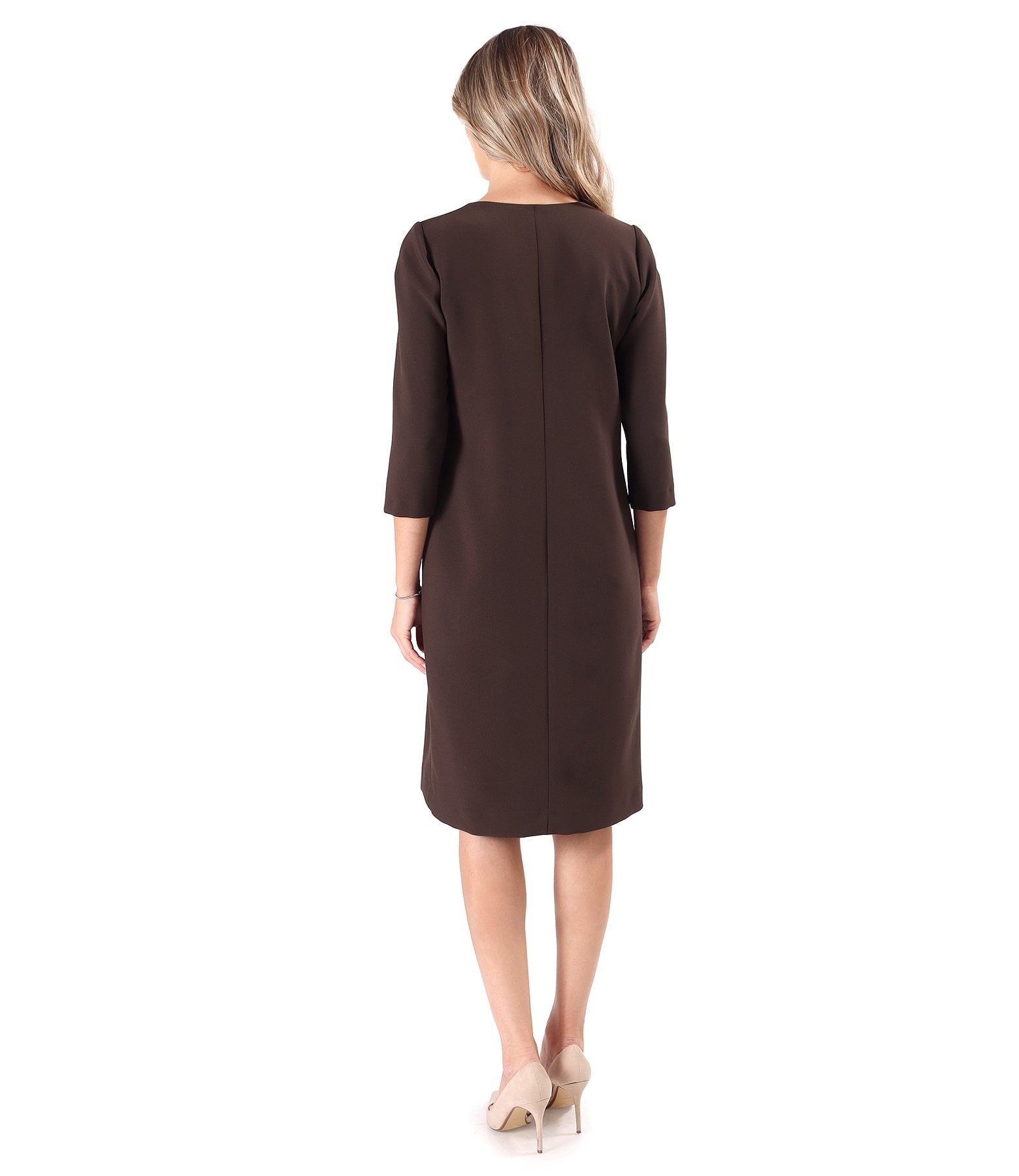 Rochie eleganta din stofa elastica cu fermoar auriu maro - YOKKO