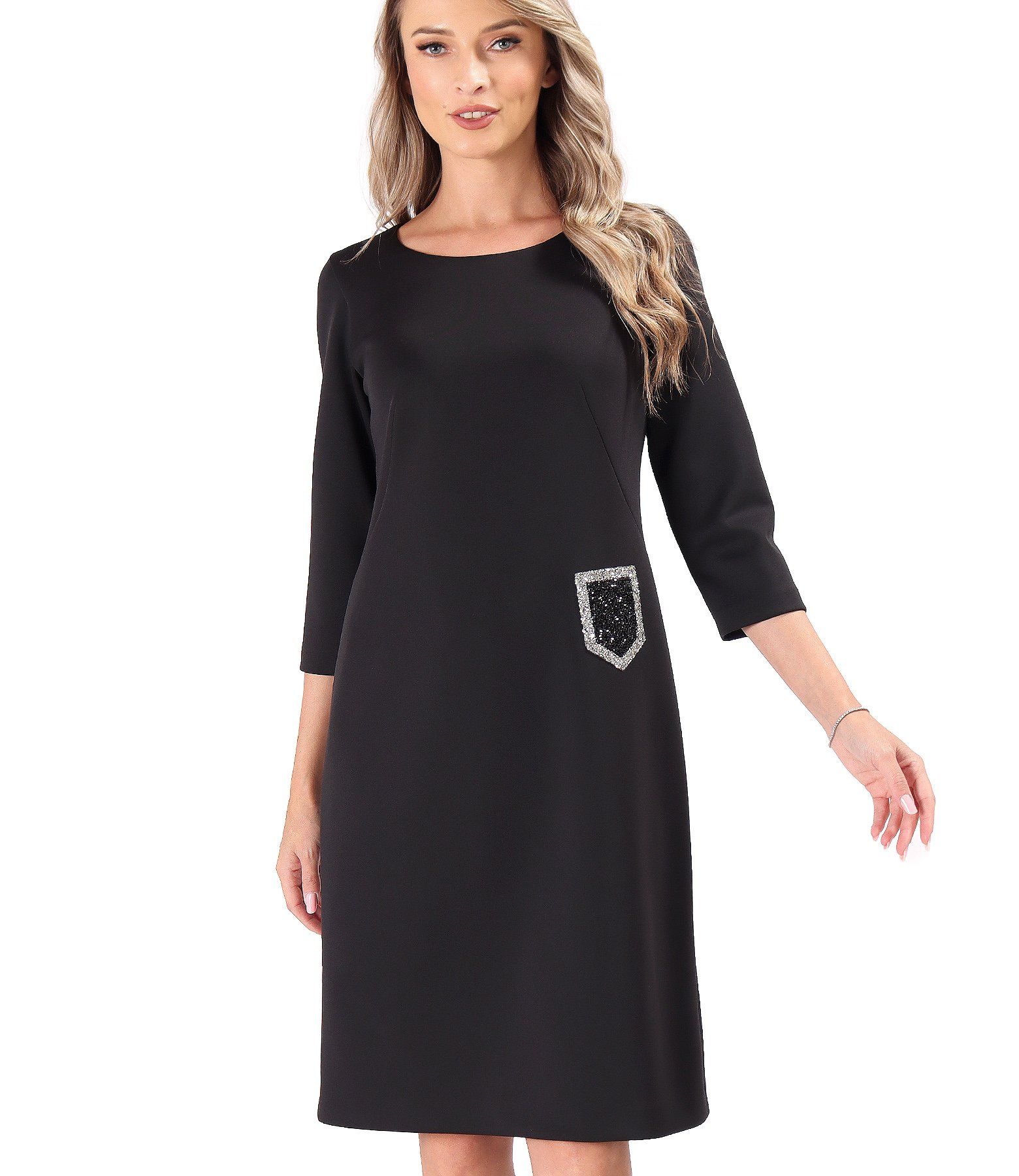 Rochie din stofa elastica decorata cu cristale in talie negru - YOKKO