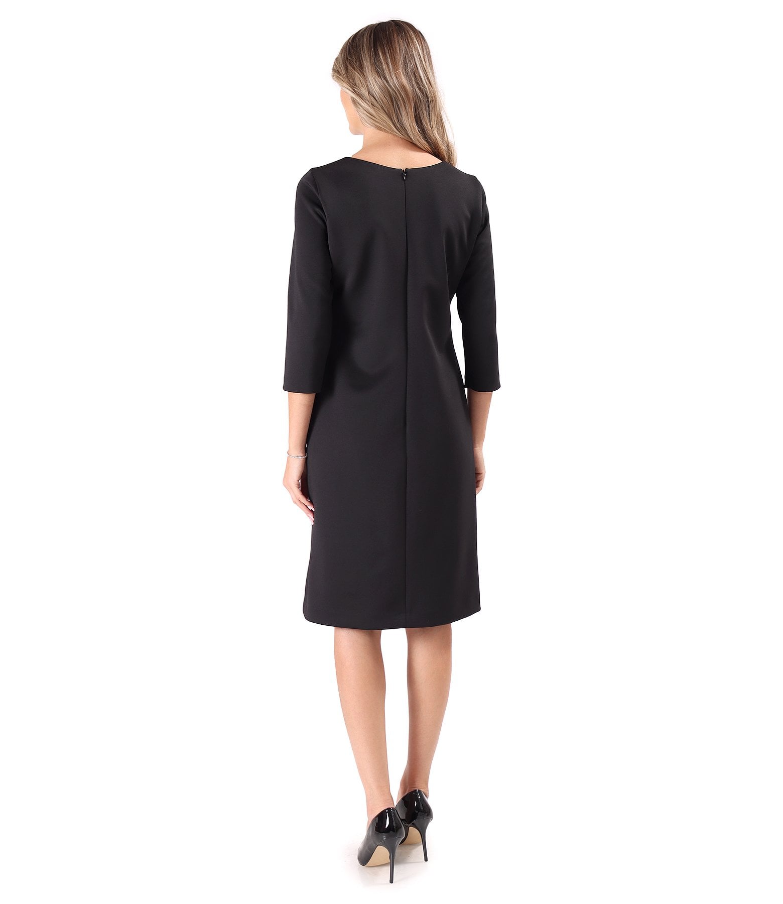Rochie din stofa elastica decorata cu cristale in talie negru - YOKKO