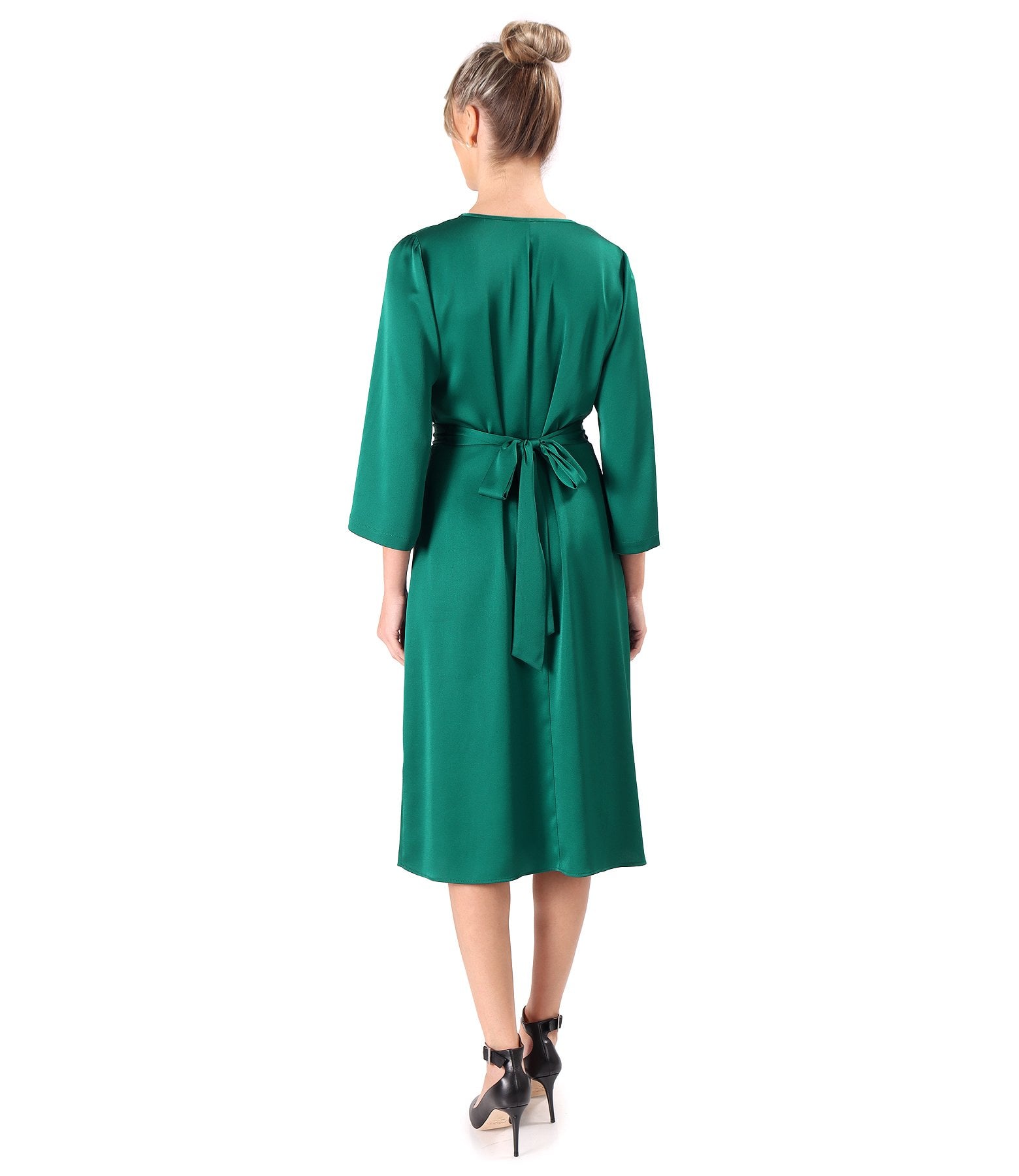 Rochie midi satinata cu cordon rasucit in talie verde pin - YOKKO