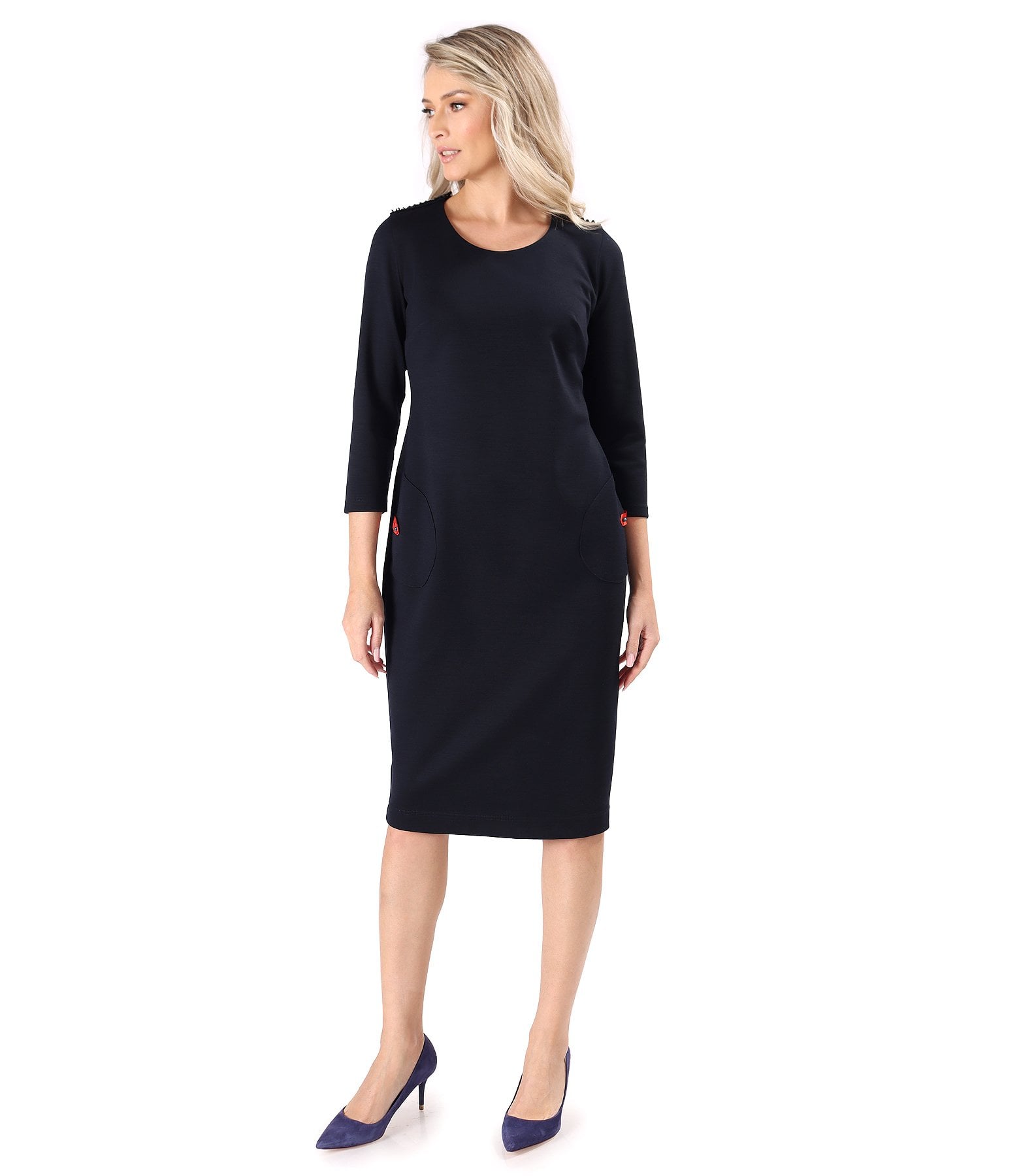 Rochie office din jerse elastic plin cu lana virgina bleumarin - YOKKO