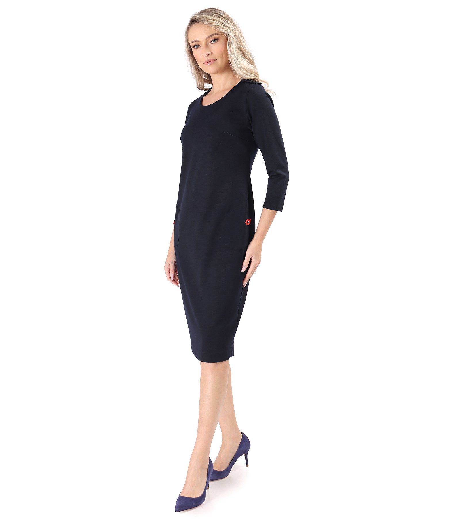 Rochie office din jerse elastic plin cu lana virgina bleumarin - YOKKO