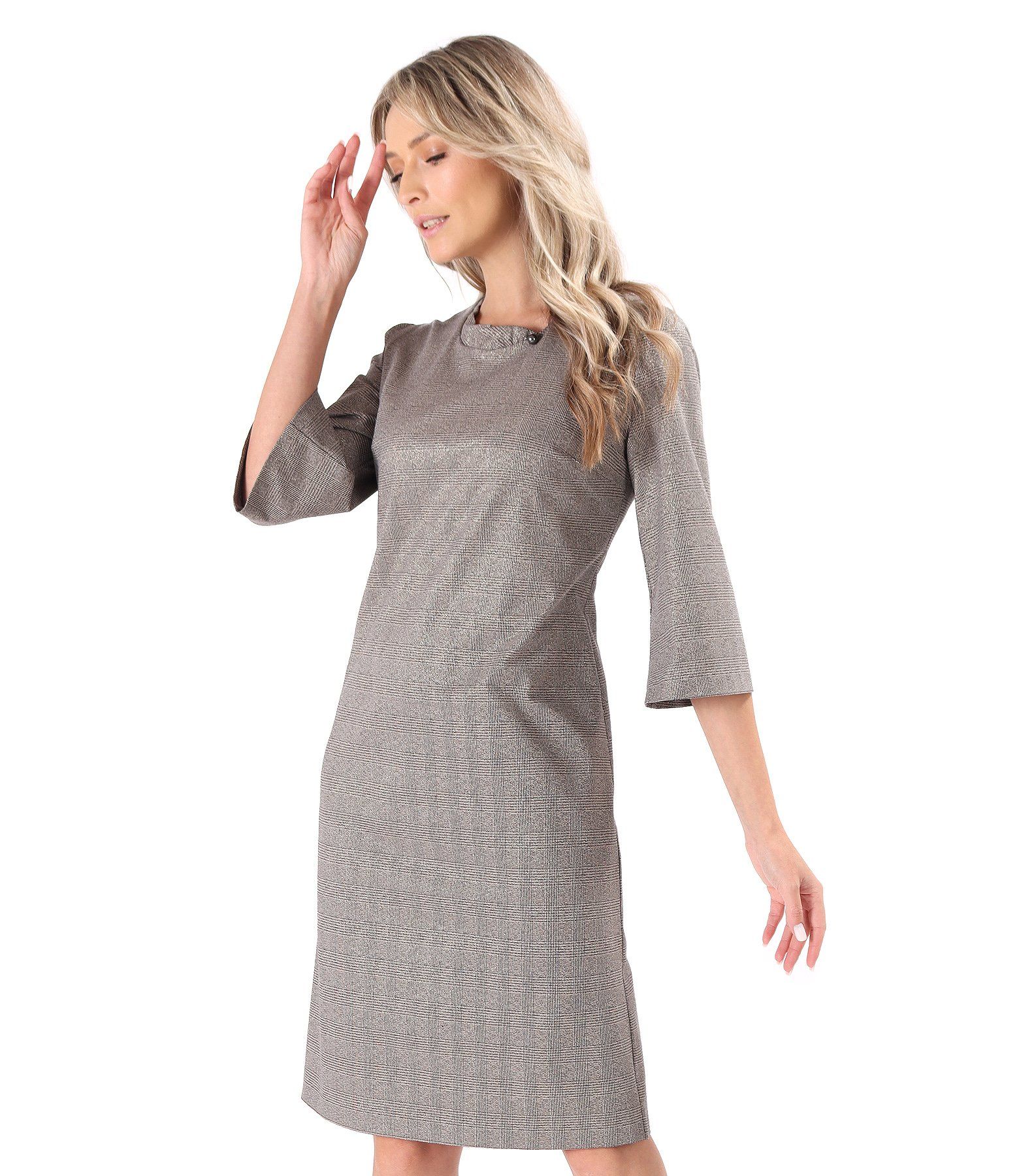 Rochie eleganta din stofa in carouri cu fir metalic auriu negru - YOKKO