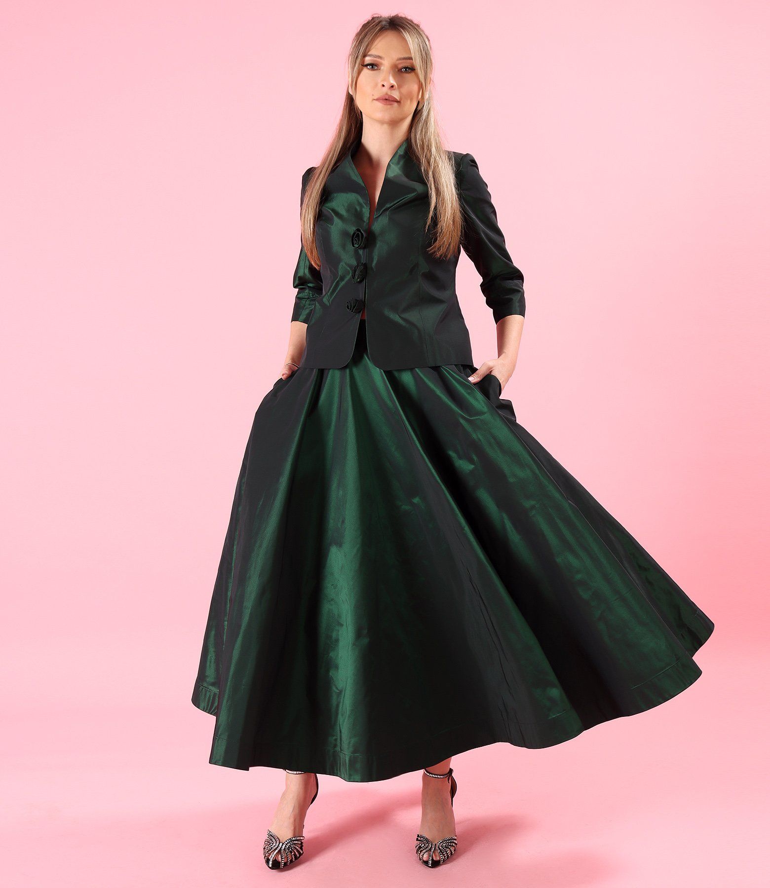 Sacou elegant din tafta usoara cu efect changeante verde pin - YOKKO