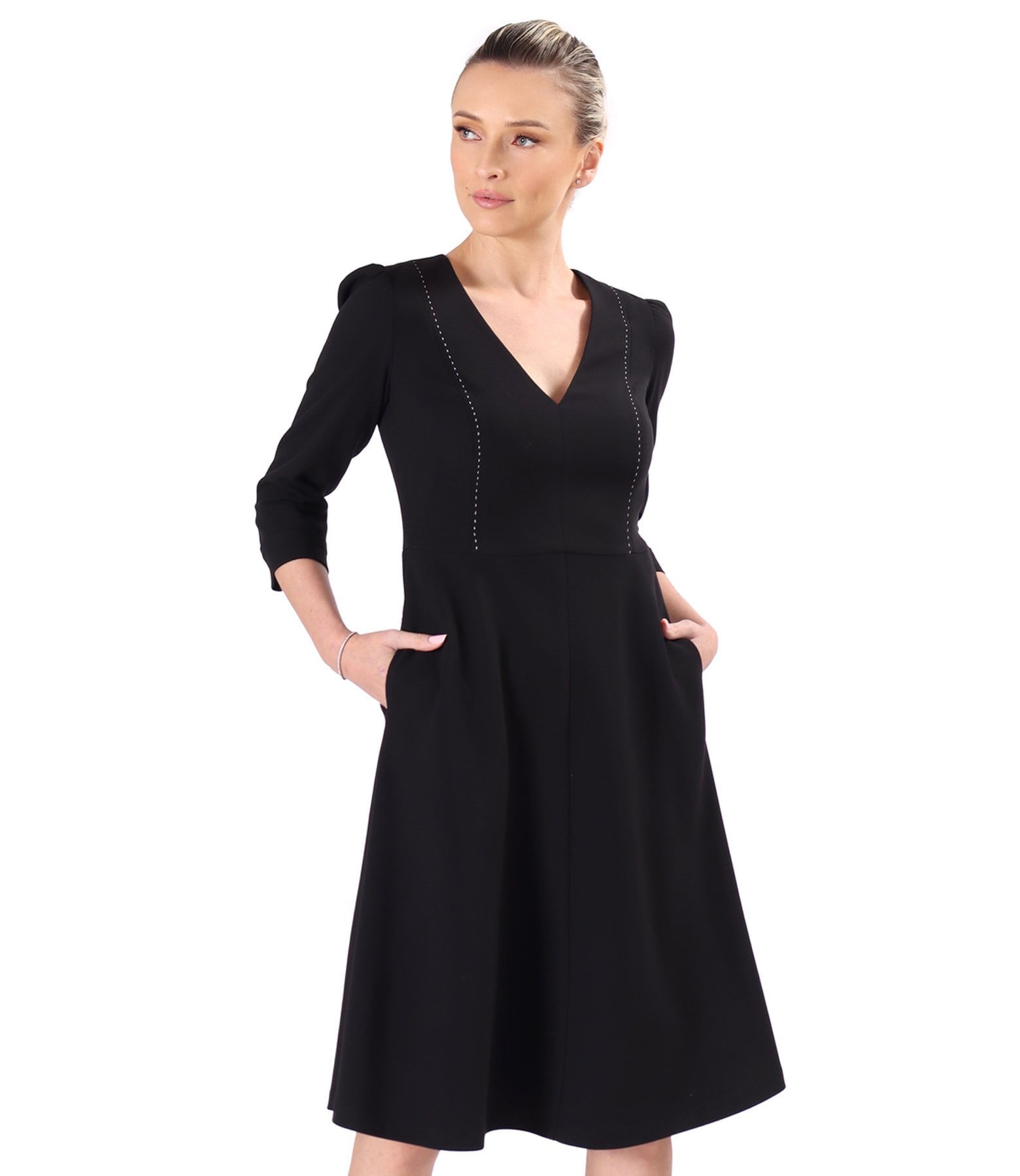 Rochie office clos din stofa elastica cu viscoza negru - YOKKO