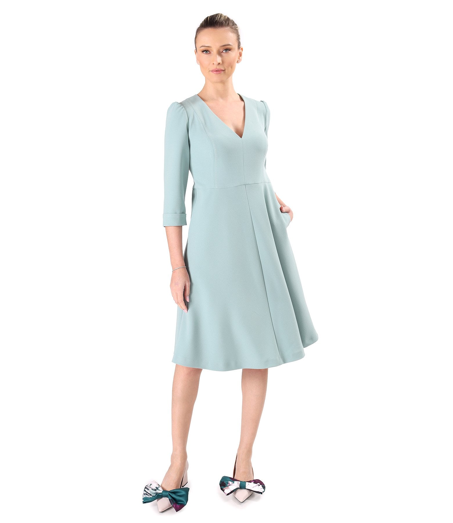 Rochie office clos din stofa elastica cu viscoza verde menta - YOKKO
