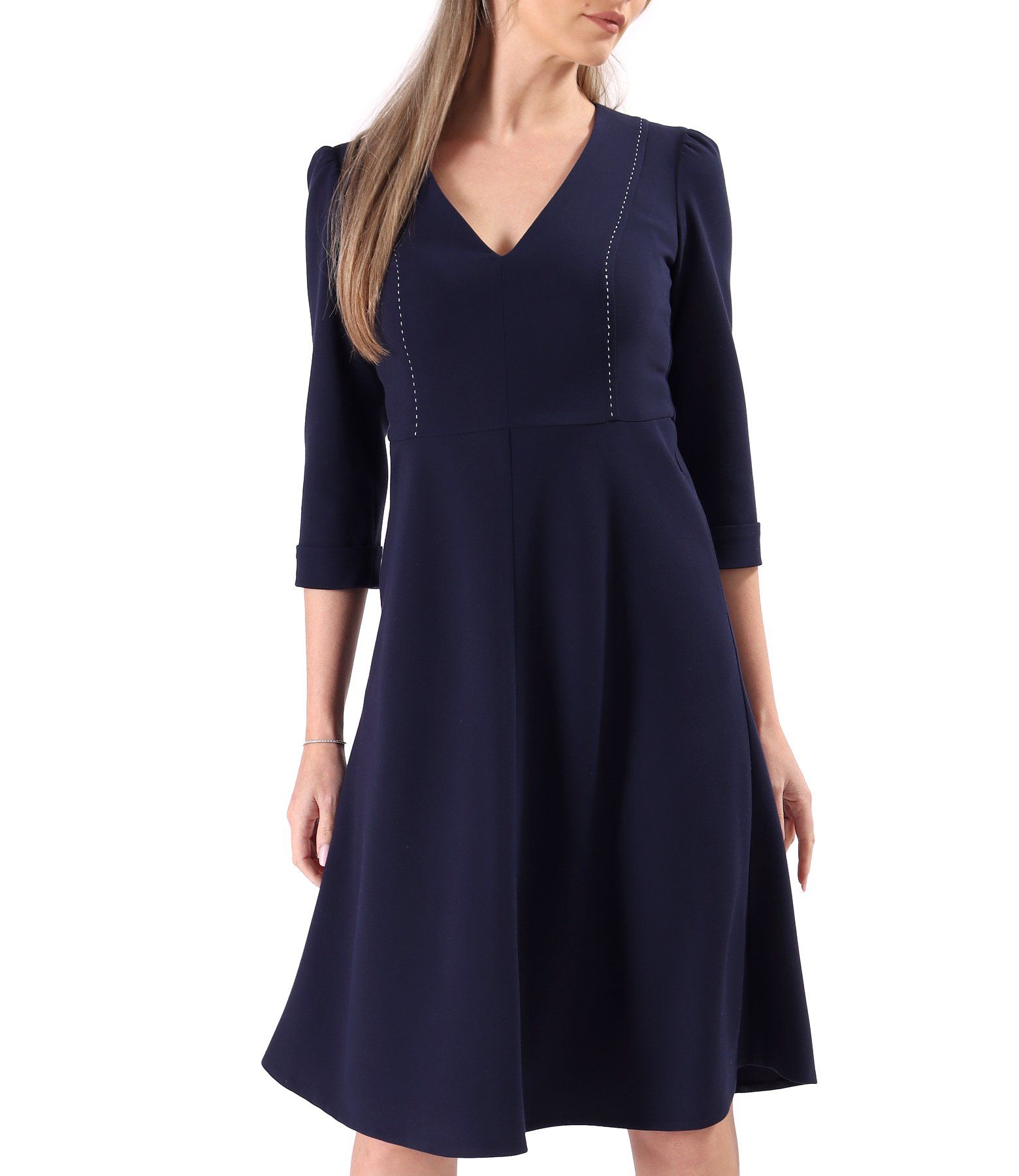 Rochie office clos din stofa elastica cu viscoza bleumarin - YOKKO