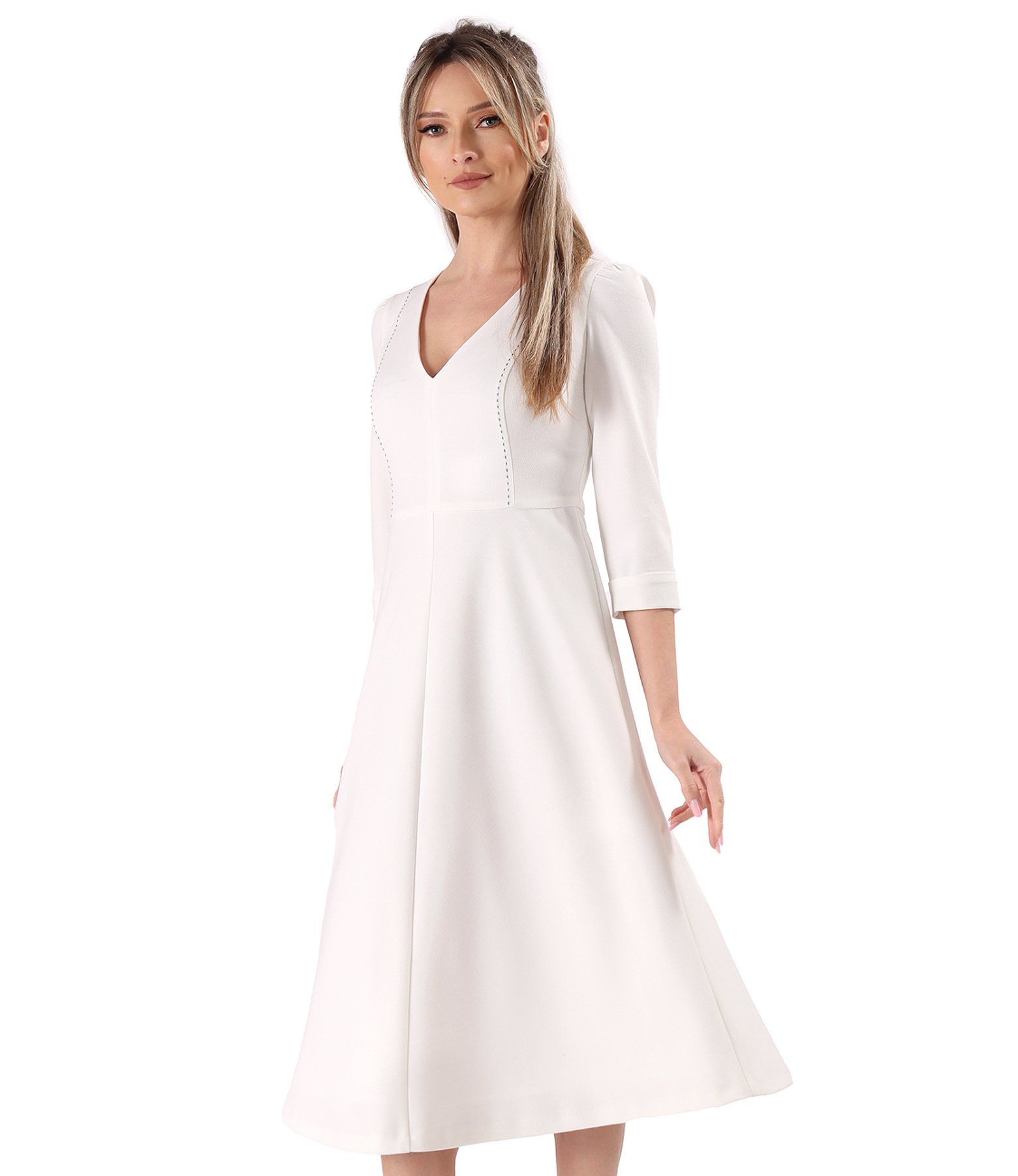 Rochie office clos din stofa elastica cu viscoza alb-ecru - YOKKO
