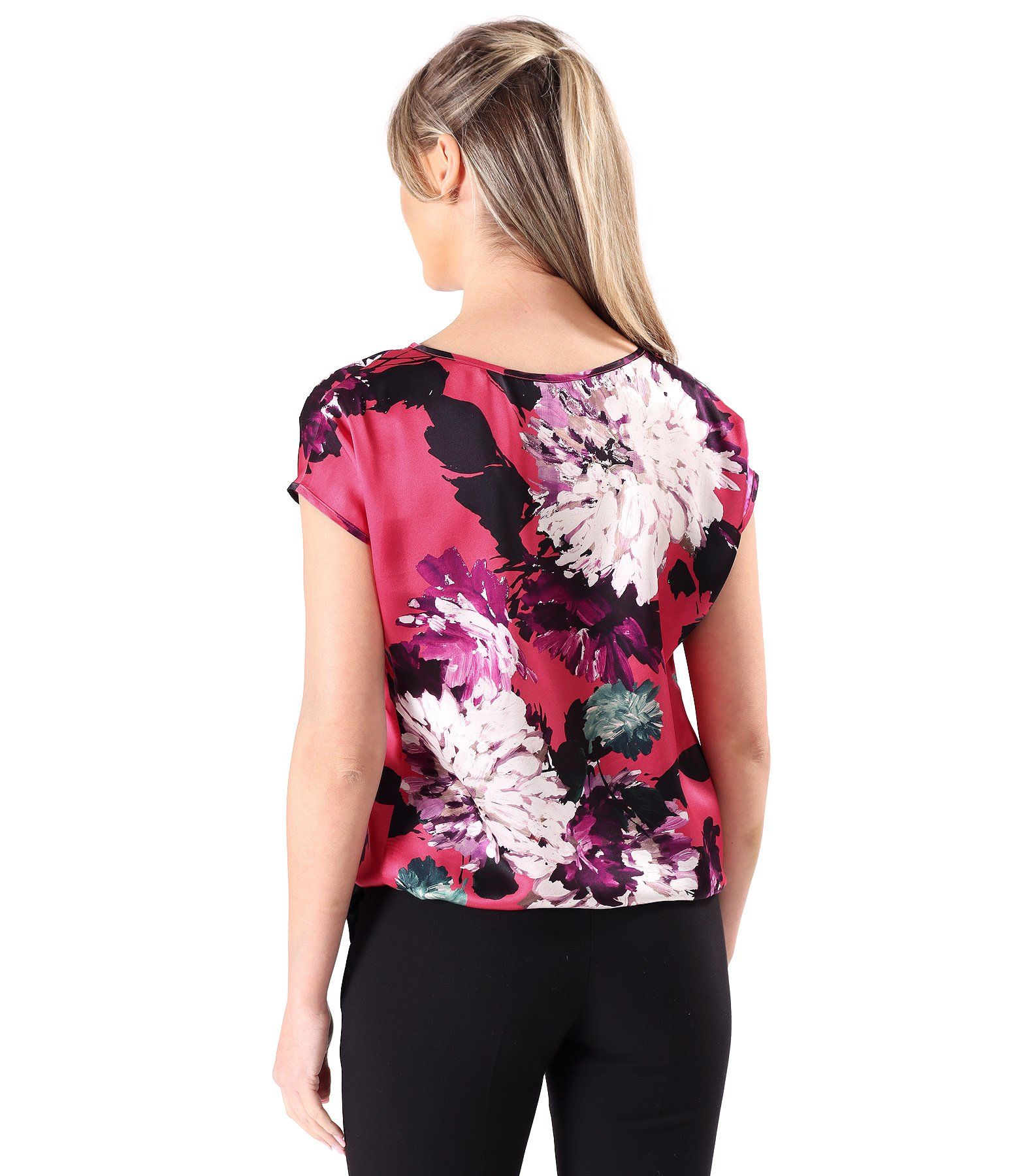 Bluza lejera din matase naturala imprimata cu motive florale fuxia - YOKKO