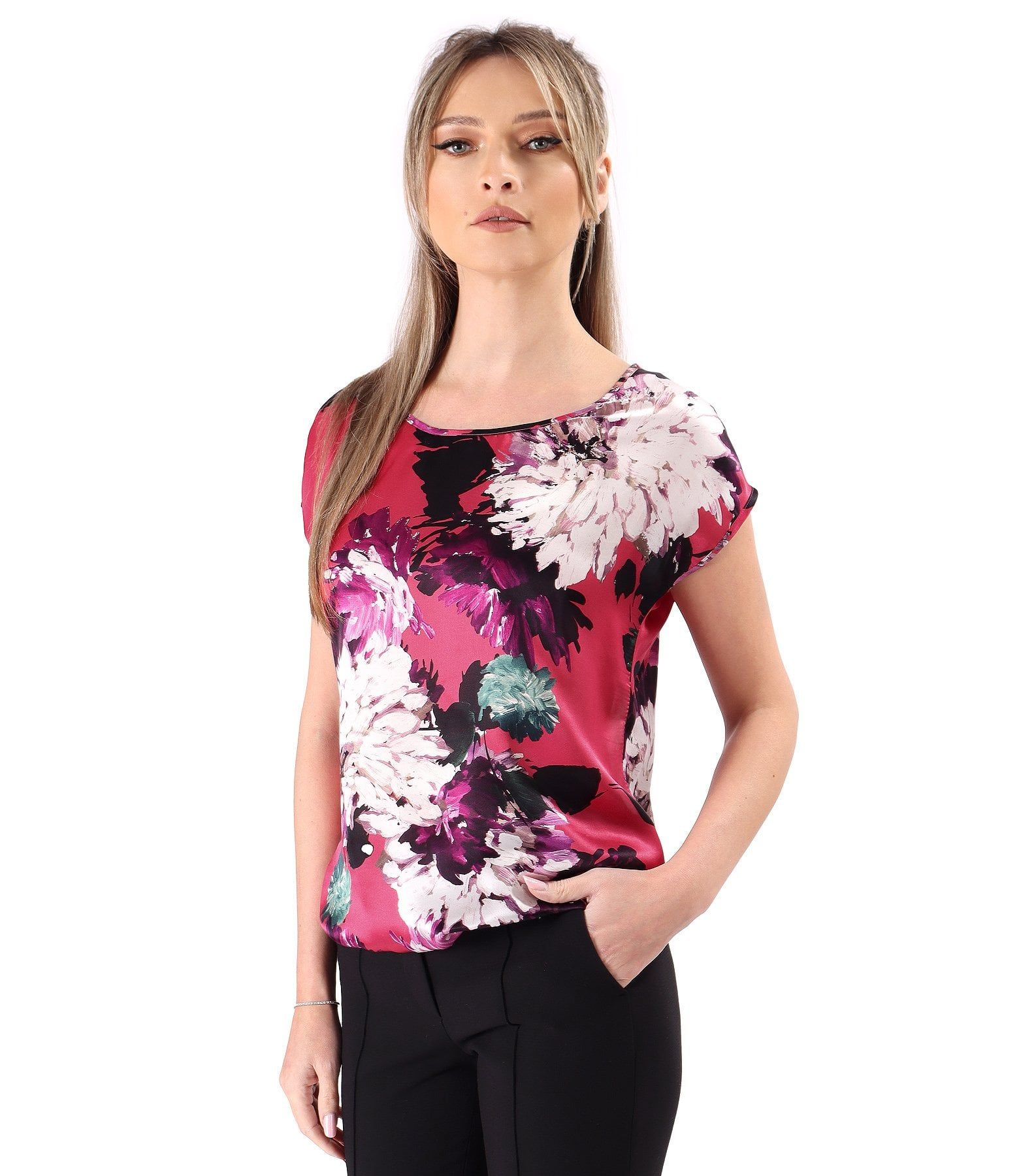 Bluza lejera din matase naturala imprimata cu motive florale fuxia - YOKKO