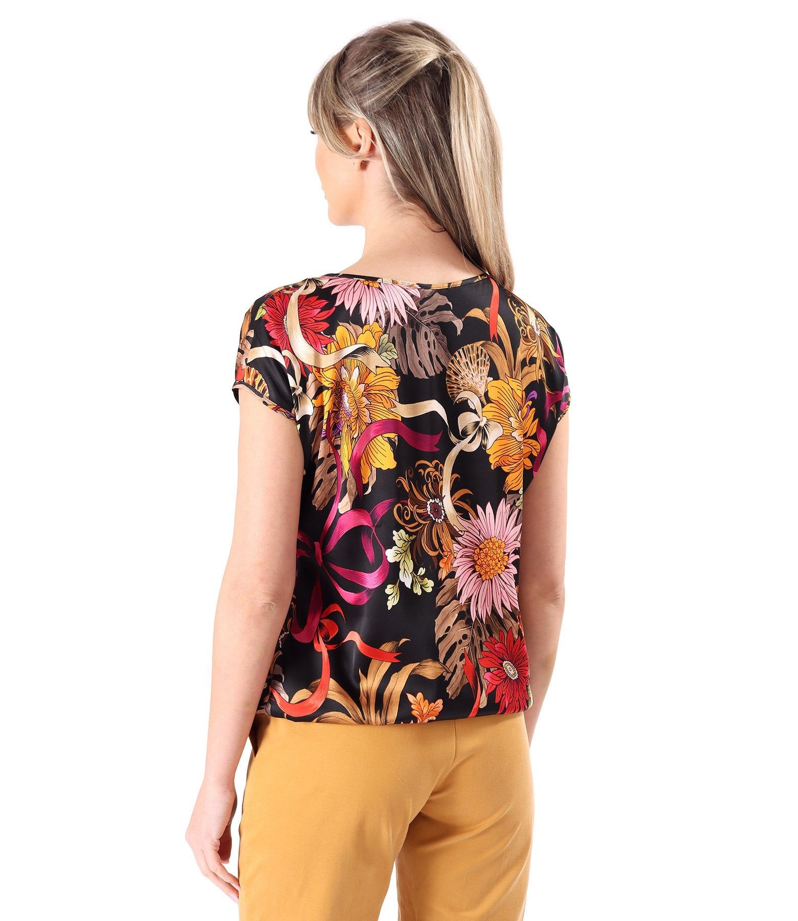 Bluza lejera din viscoza satinata imprimata cu motive florale negru - YOKKO