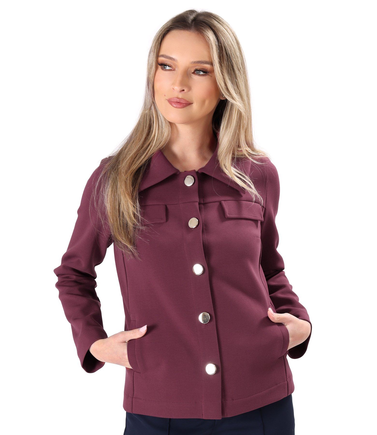 Sacou din stofa plina tip scuba cu bumbac rosu burgundy - YOKKO