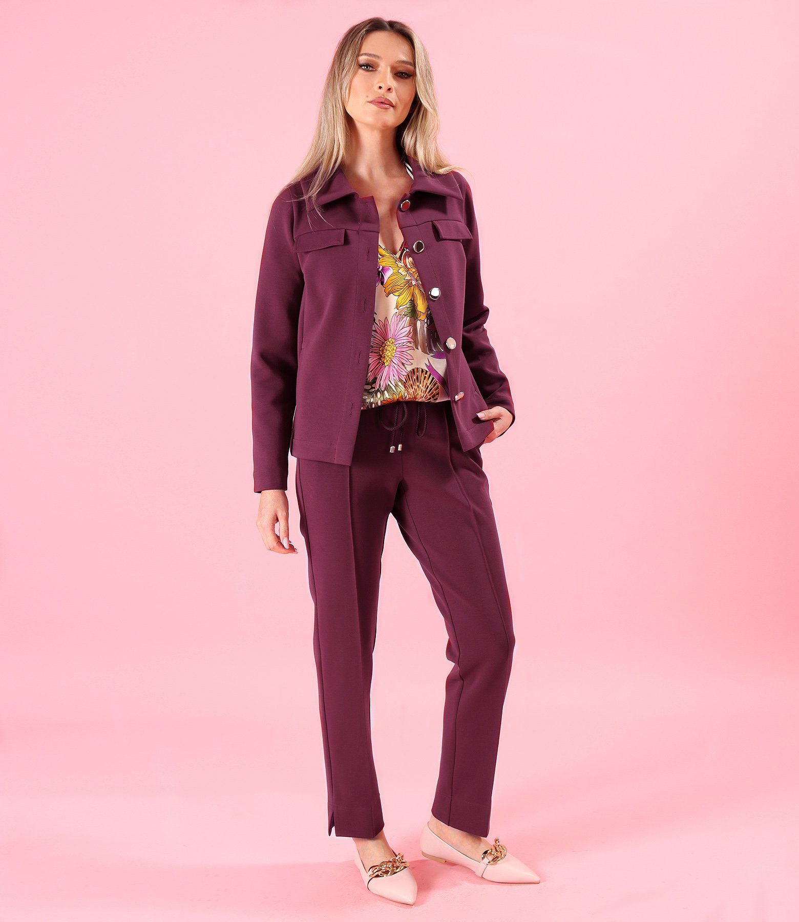 Sacou din stofa plina tip scuba cu bumbac rosu burgundy - YOKKO