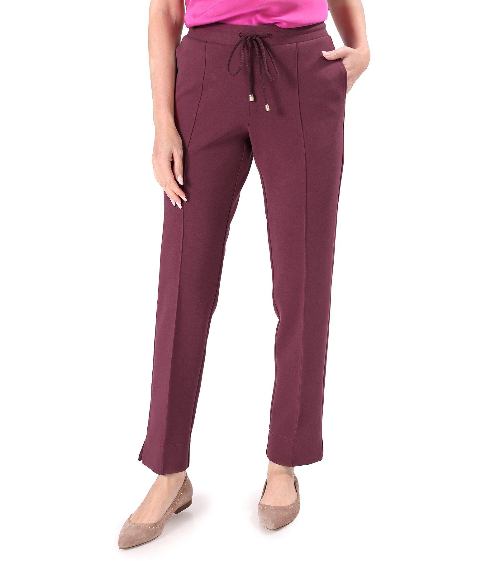 Pantaloni lejeri din stofa plina tip scuba cu bumbac rosu burgundy - YOKKO