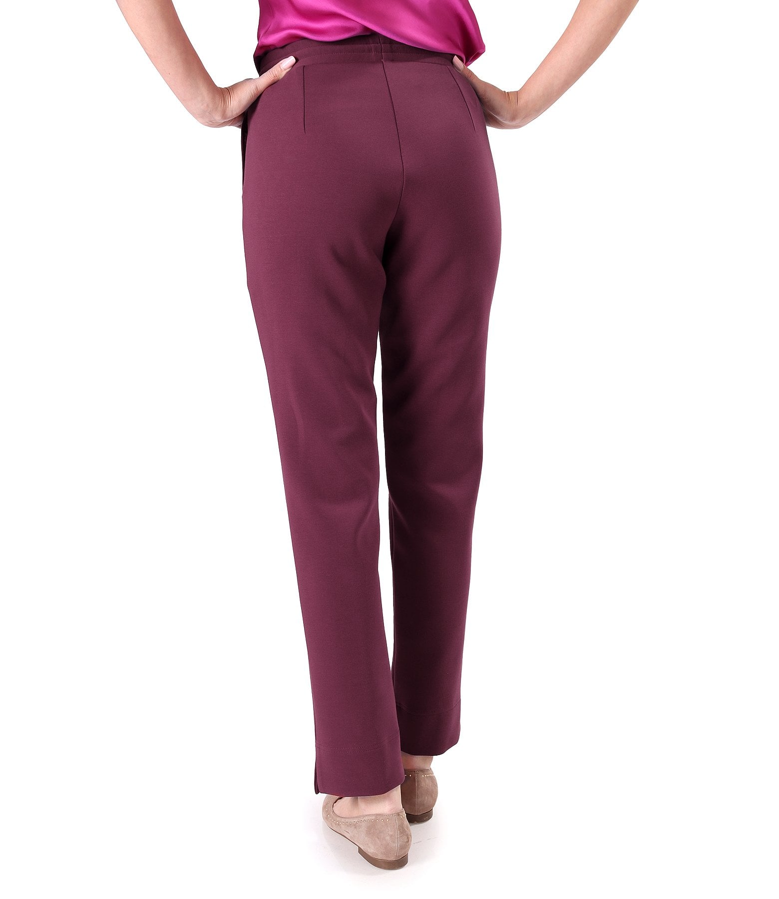 Pantaloni lejeri din stofa plina tip scuba cu bumbac rosu burgundy - YOKKO