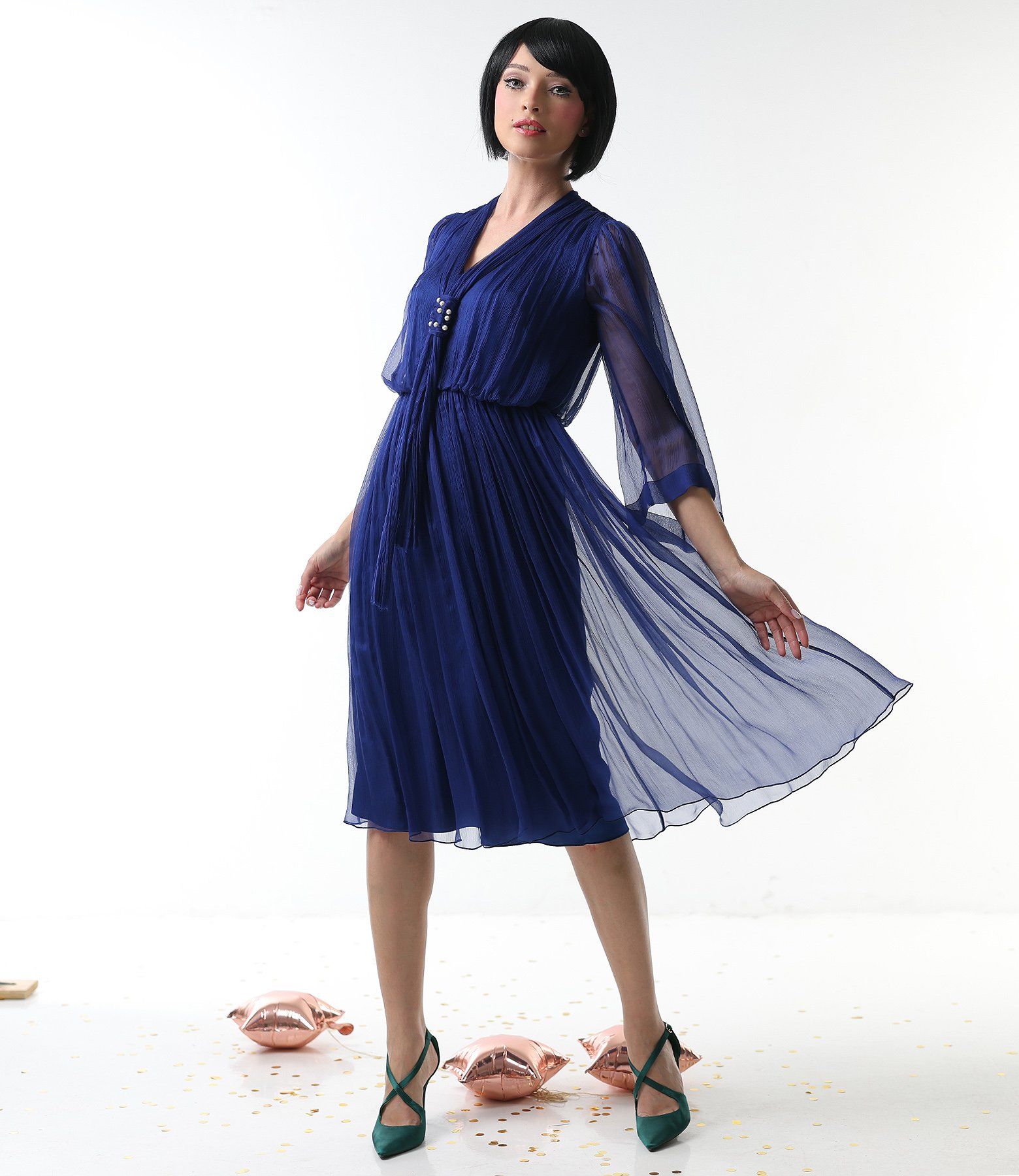 Rochie de seara din voal de matase naturala bleumarin - YOKKO