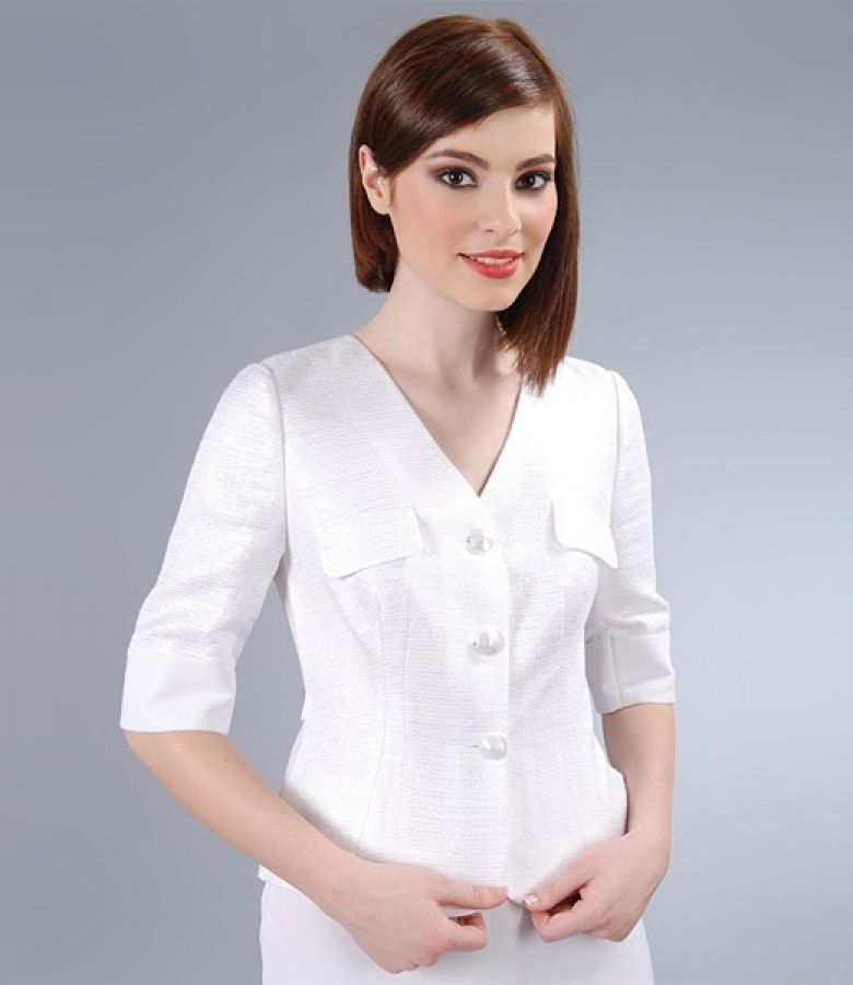 Sacou elegant alb cu fir de efect si voal alb - YOKKO