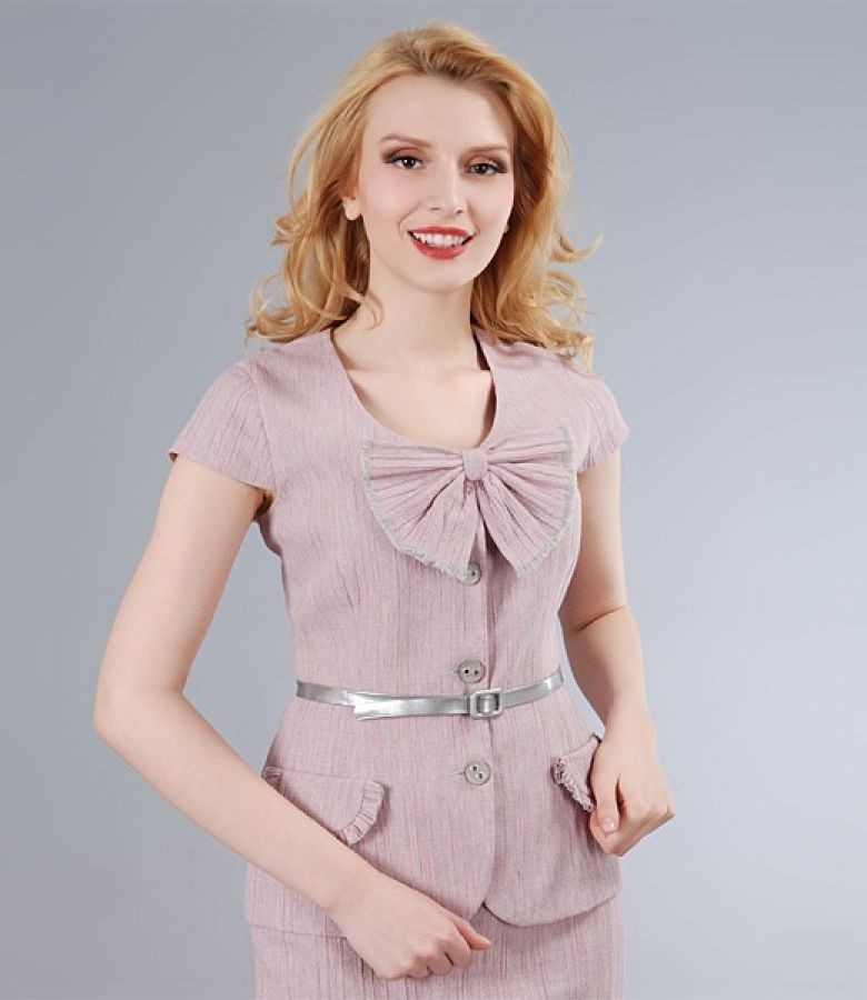 Sacou din bumbac elastic roz cu funda roz - YOKKO