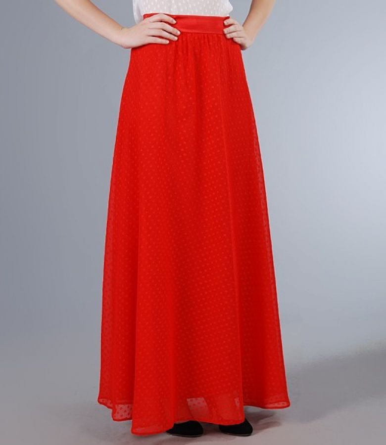Fusta lunga din voal creponat rosu cu picouri rosu - YOKKO