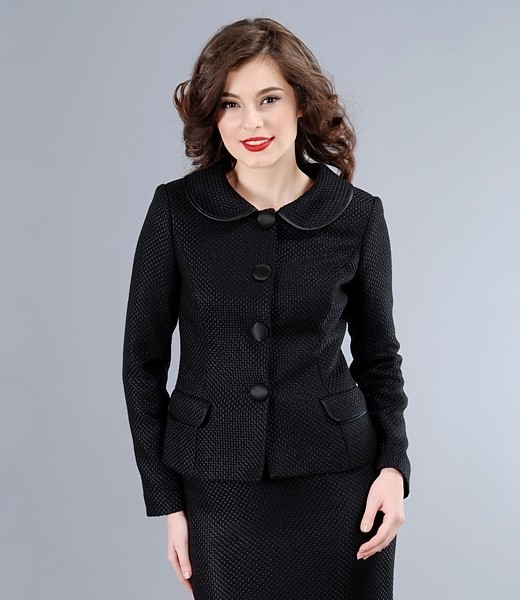 Sacou elegant negru cu lana virgina si garnitura de saten negru - YOKKO
