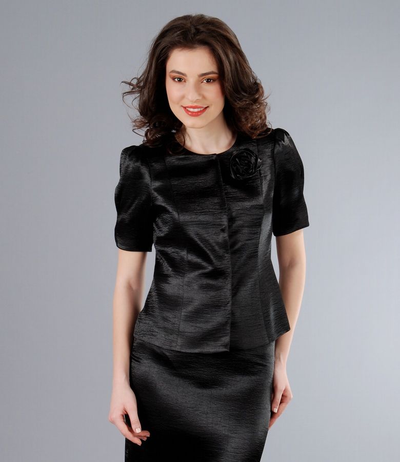 Sacou din saten elastic negru cu floare negru - YOKKO