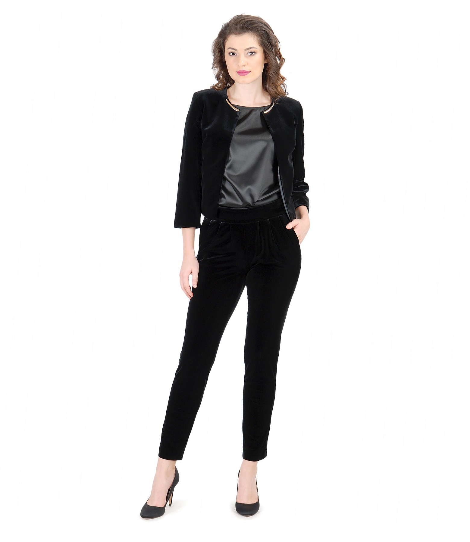 Pantaloni din catifea elastica neagra cu bolero - YOKKO