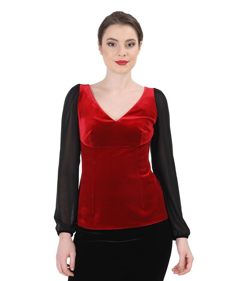 Bluza eleganta din catifea elastica cu maneci de tulle rosu - YOKKO