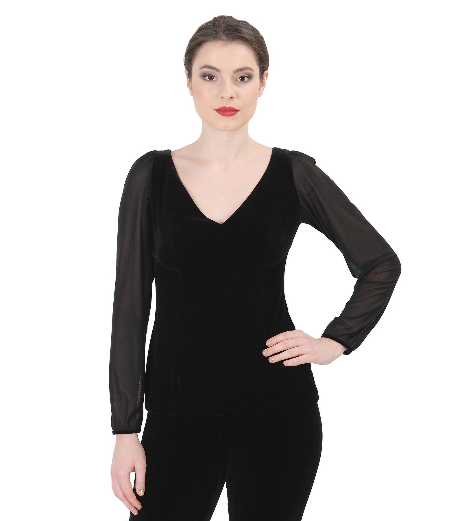 Bluza eleganta din catifea elastica cu maneci de tulle negru - YOKKO