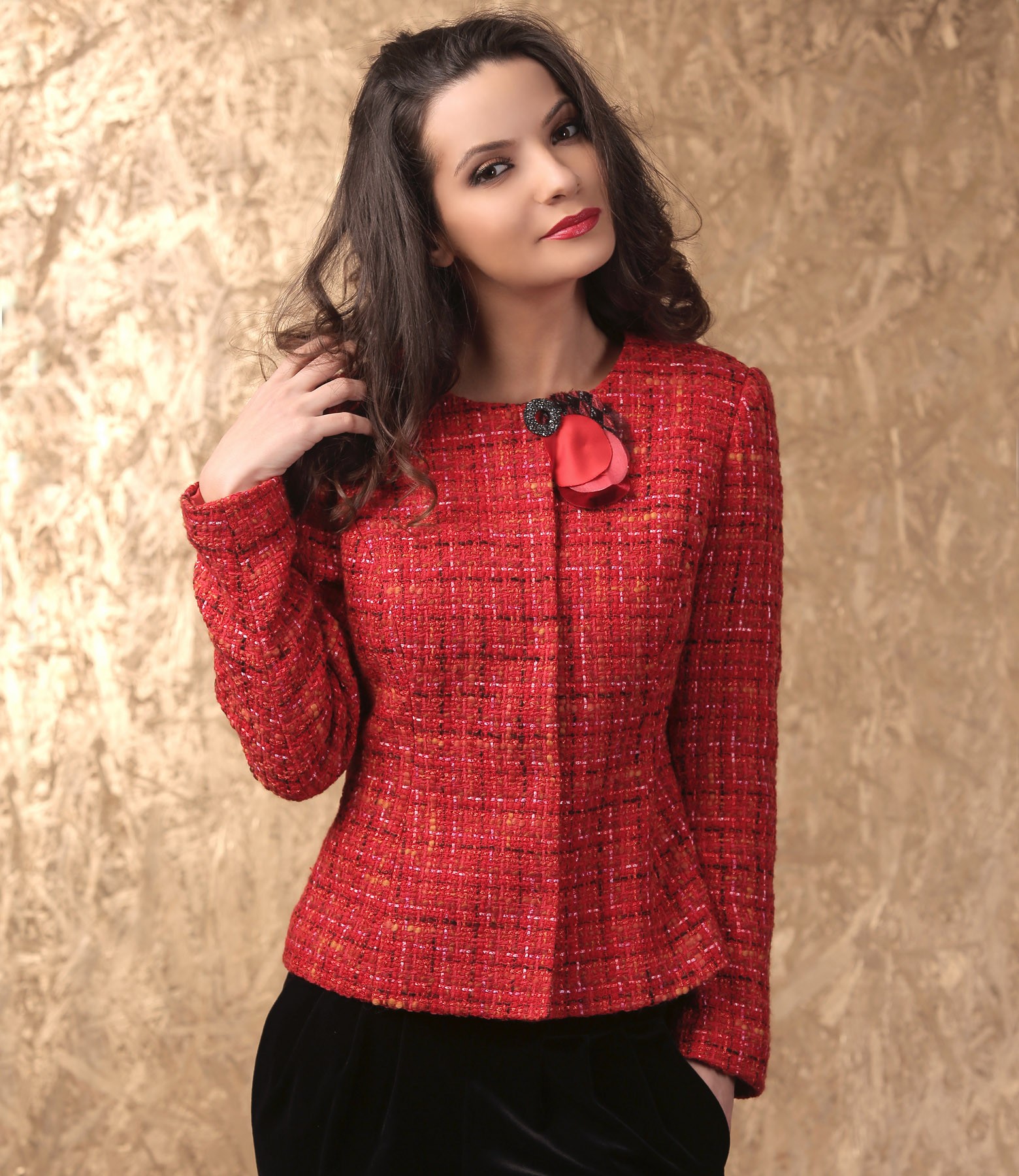 Sacou din bucle multicolor cu bumbac si lana virgina rosu - YOKKO