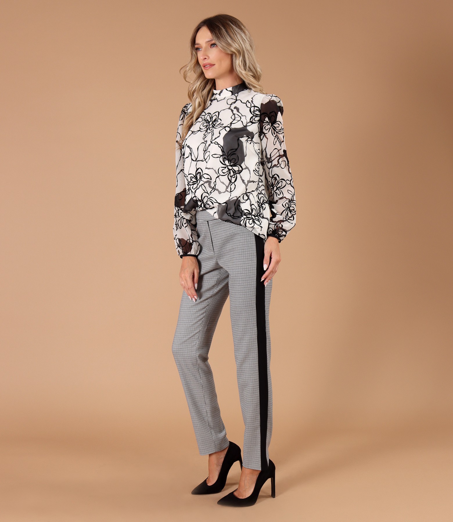Bluza din voal cu motive florale brocat cu catifea cu pantaloni cu ...