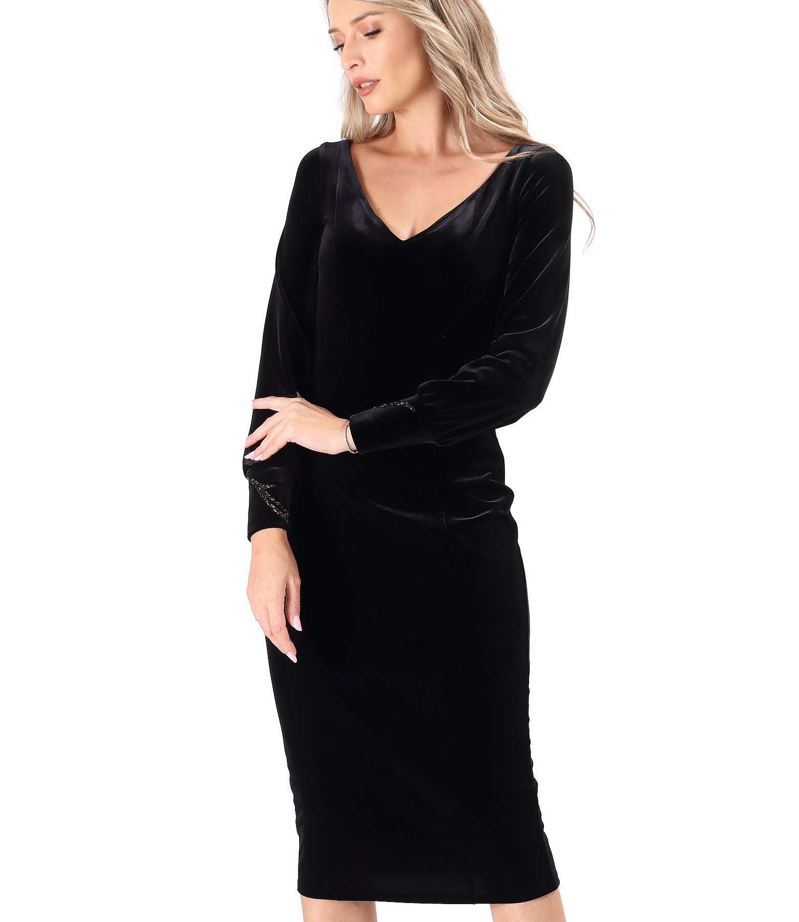 Rochie de seara din catifea elastica cu aplicatie de cristale pe ...
