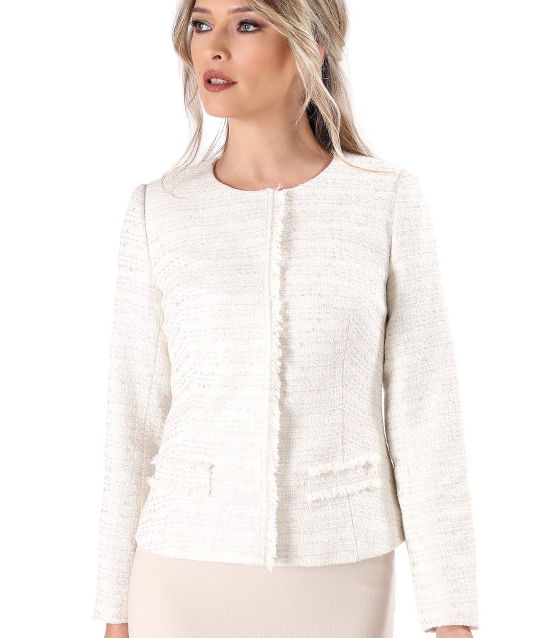 Sacou elegant din bucle cu bumbac si fir argintiu alb-ecru - YOKKO